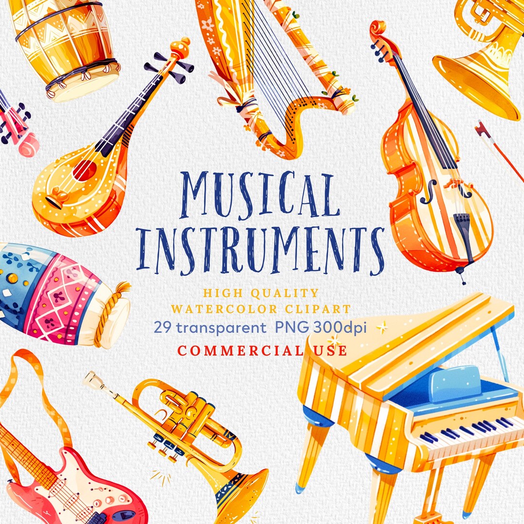Watercolor Musical Instruments Clipart: Orchestra PNG Bundle ...