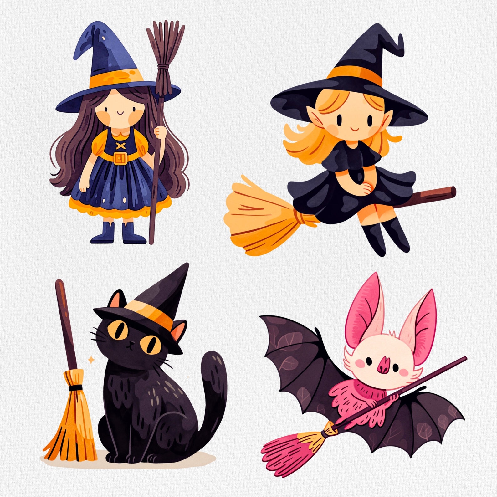 Watercolor Witches Clipart, Cute Witches Clipart, Halloween Witches PNG ...