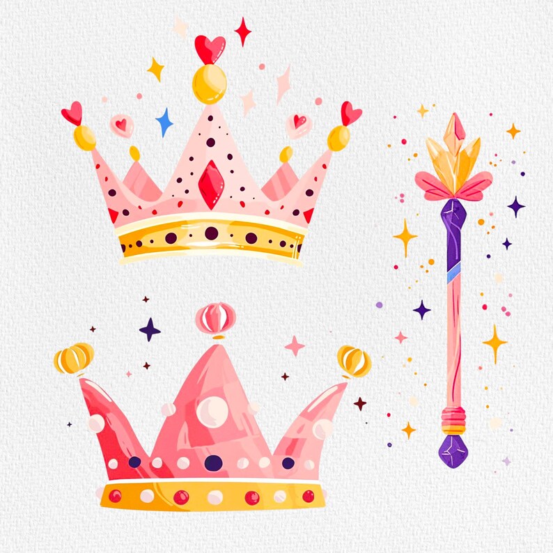 Watercolor Crown and Wand Clipart: Pink & Gold Royalty PNG (digital ...