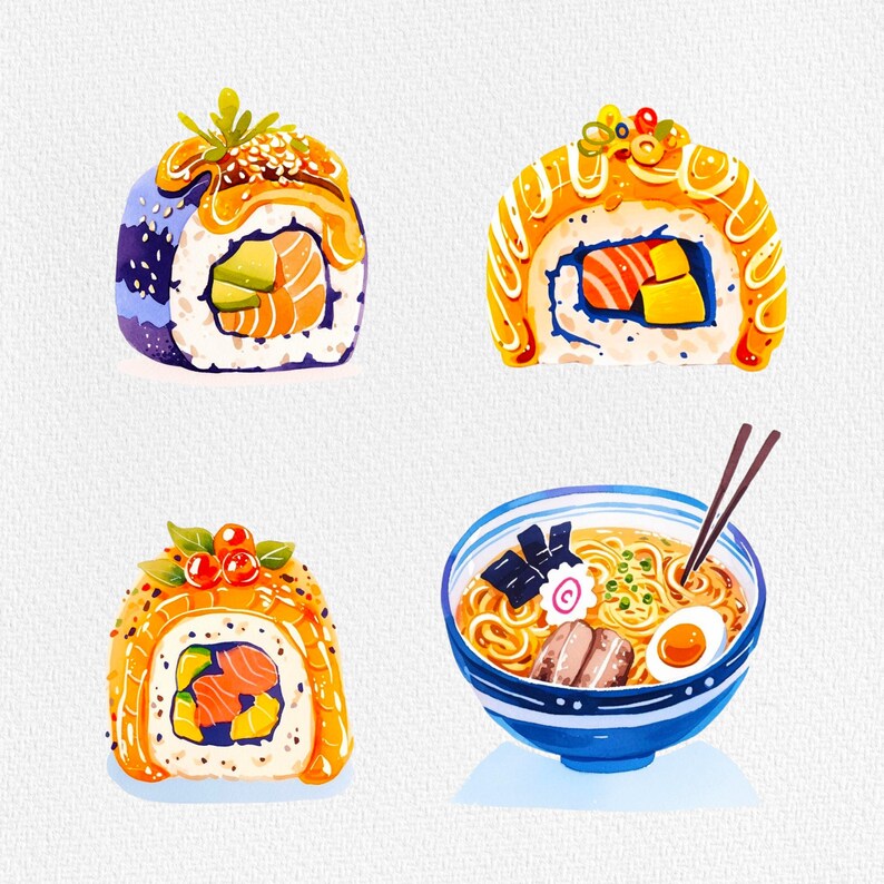 Watercolor Sushi Clipart, Asian Clipart, Fish Clipart, Japanese Clipart ...