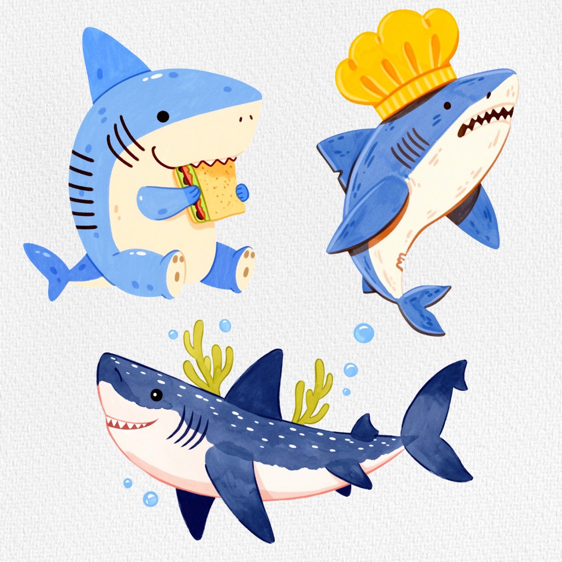 Watercolor Sharks Clipart, Cute Shark Clipart, Watercolor Shark, Shark ...