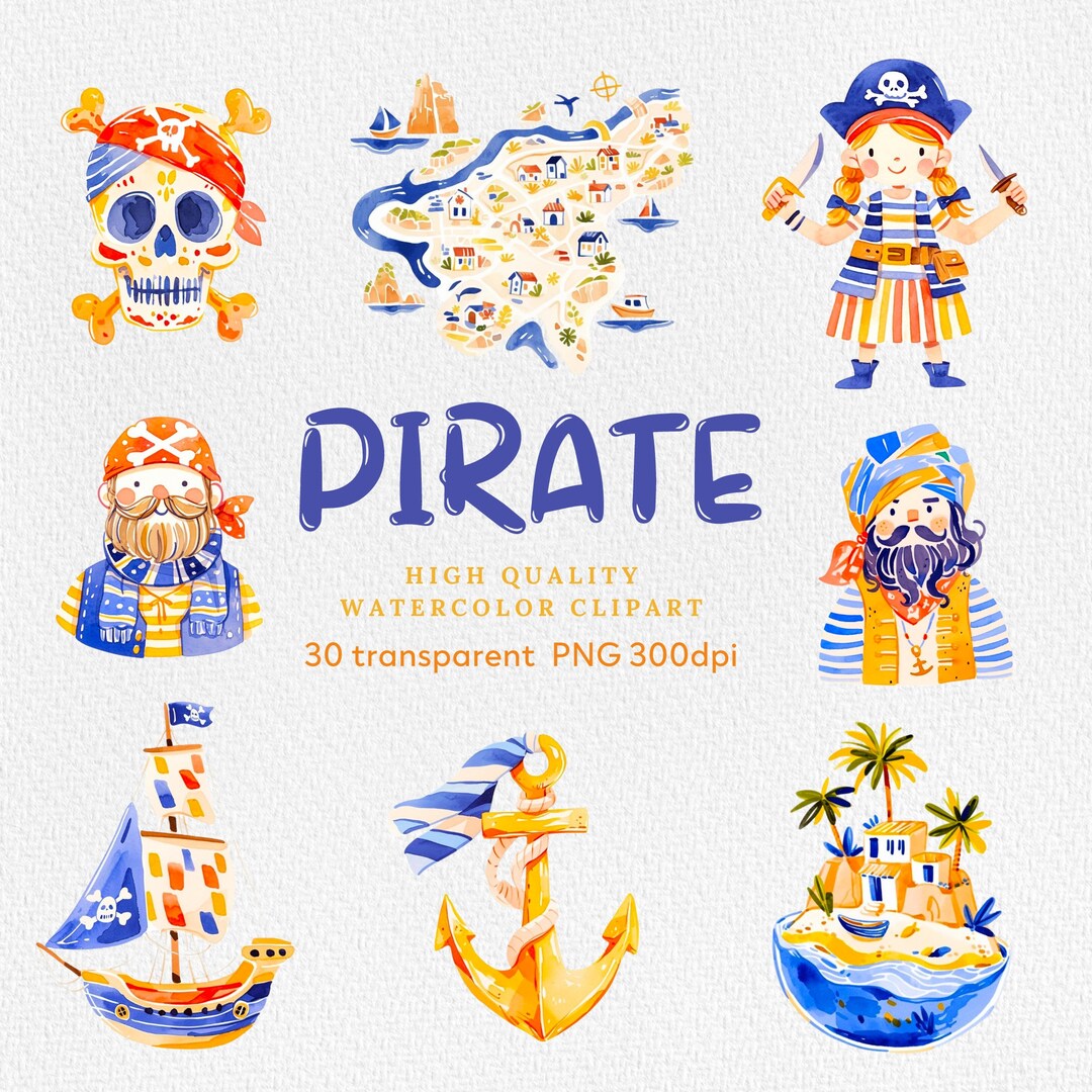 Watercolor Pirates Clipart, Pirate Ship, Treasure Chest, Pirate Party ...