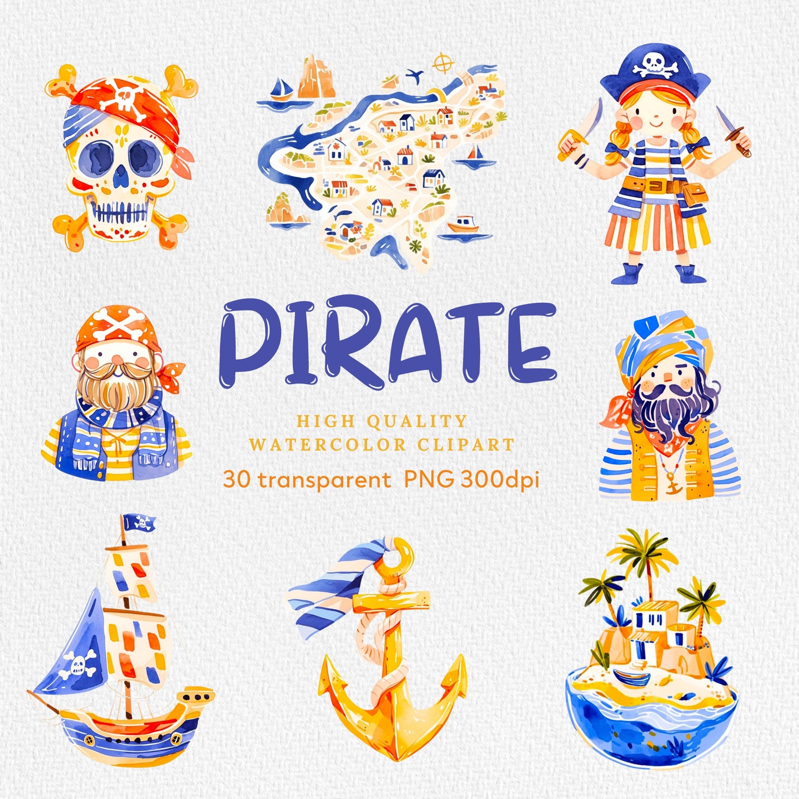 Watercolor Pirates Clipart, Pirate Ship, Treasure Chest, Pirate Party ...