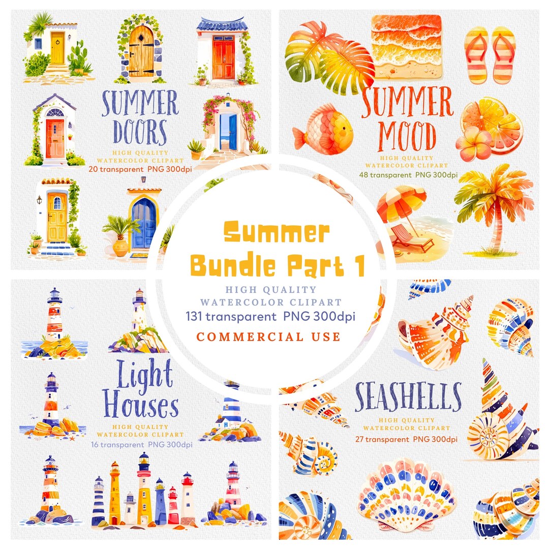 Watercolor Summer Clipart Bundle With Commercial Use, Cute Clip Art ...