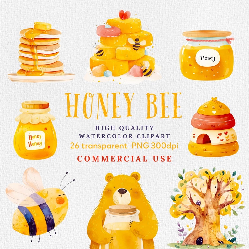 Watercolor Honey Clipart, Watercolor Honey Bee Clipart, Commercial Use ...