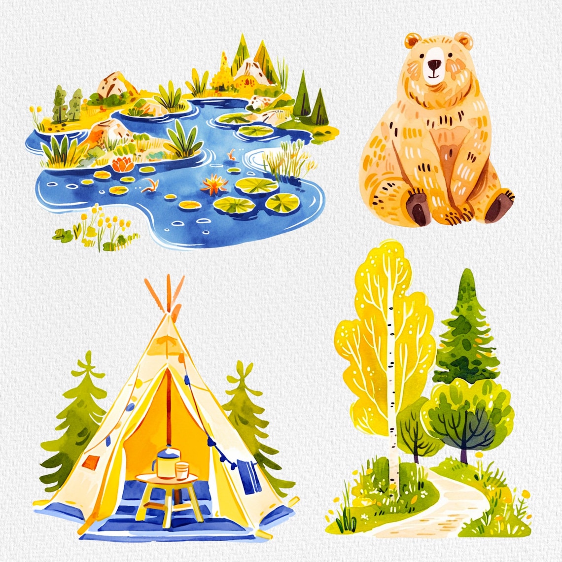 Watercolor Camping Clipart Bundle, Forest Adventure Clipart, Campsite ...