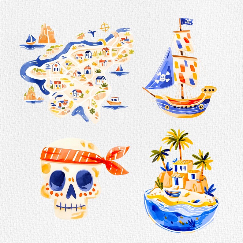 Watercolor Pirates Clipart, Pirate Ship, Treasure Chest, Pirate Party ...
