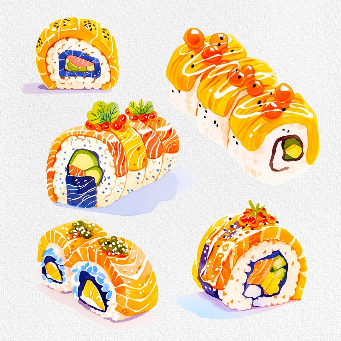 Watercolor Sushi Clipart, Asian Clipart, Fish Clipart, Japanese Clipart ...