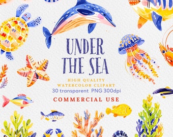 Under the Sea Clipart, Little Sea Animals Clipart, Undersea Watercolor ...
