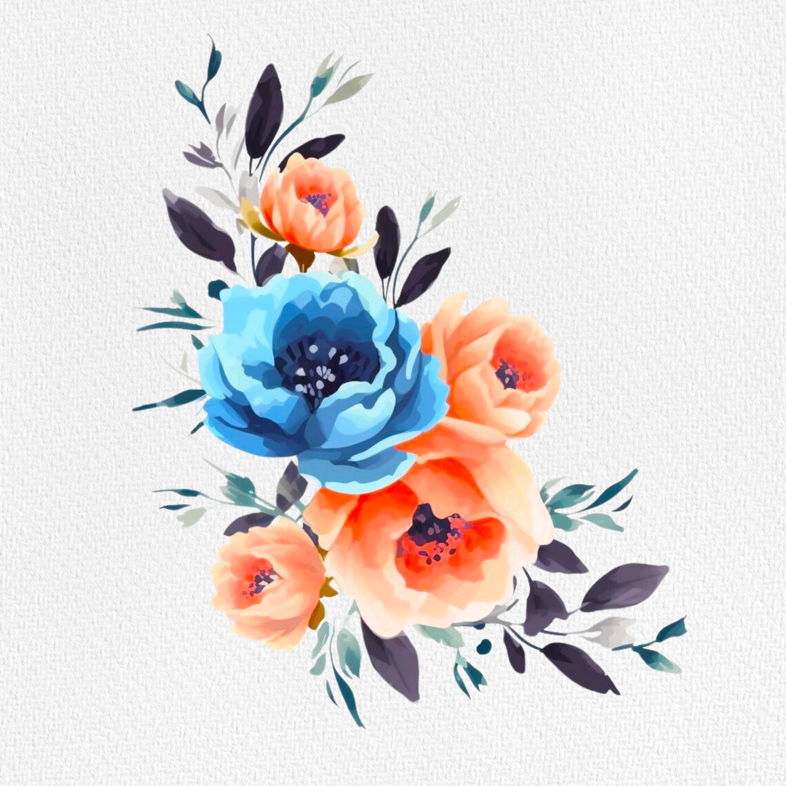 Watercolor Orange Flowers Set PNG, Navy Blue and Orange Flowers Clipart ...