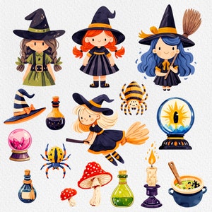 Watercolor Witches Clipart, Cute Witches Clipart, Halloween Witches PNG ...