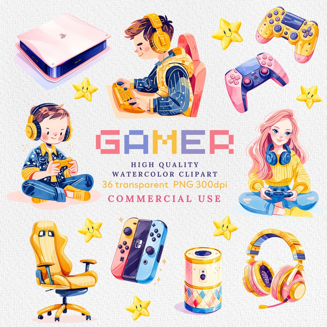 Watercolor Gamer Clipart Bundle: Video Game PNG (digital Download) - Etsy