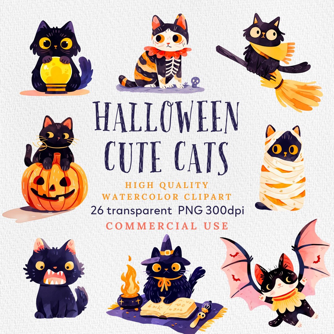 Halloween Cats Clipart Bundle, Watercolor Spooky Cats, Commercial Use ...