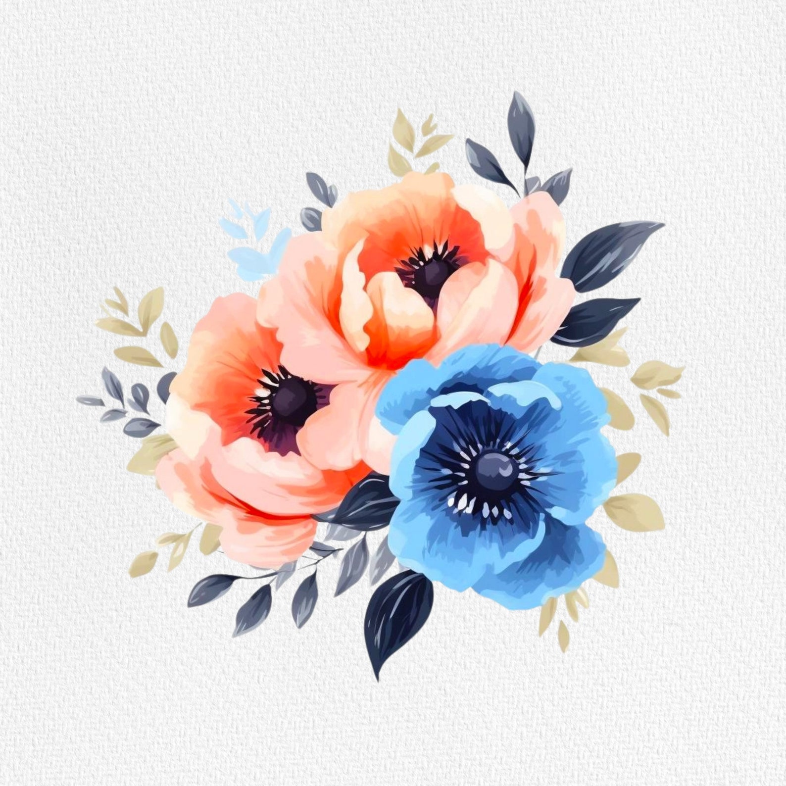 Watercolor Orange Flowers Set PNG, Navy Blue and Orange Flowers Clipart ...