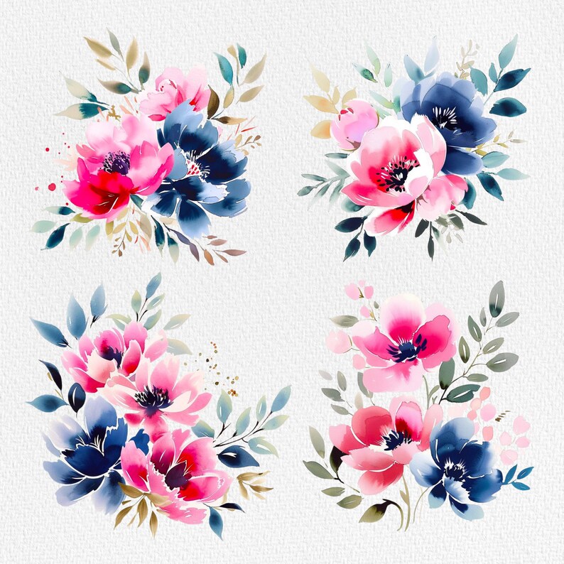 Blush Pink & Navy Blue Floral Clipart Frame Spring Wreath Border ...
