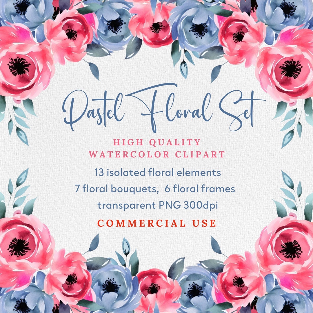Pink Watercolor Flowers, Digital Clipart, Pink and Blue Watercolor ...