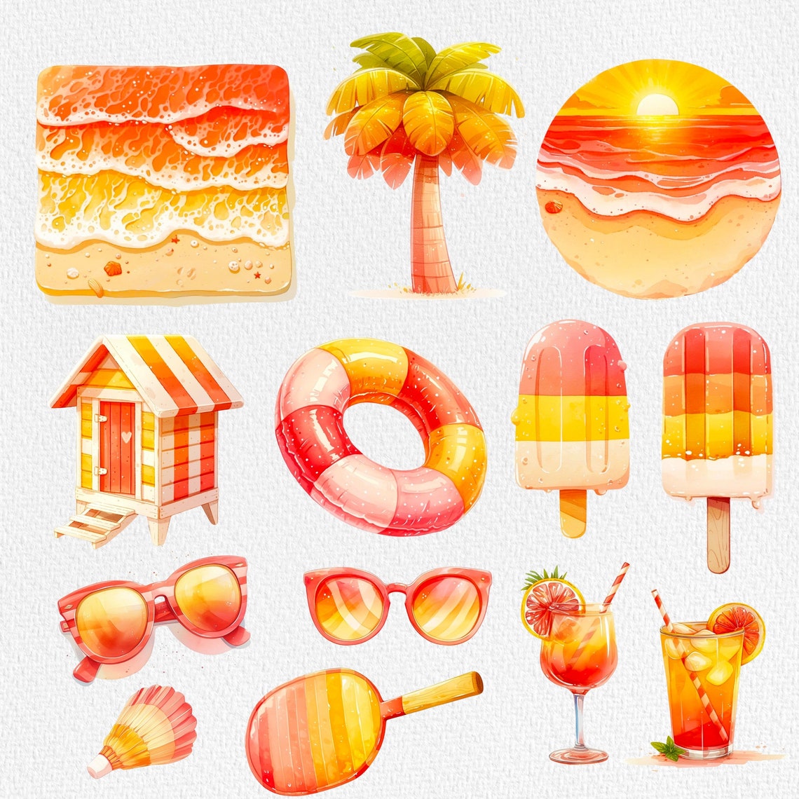 Watercolor Summer Clipart Bundle: Beach Vacation PNG (commercial Use ...