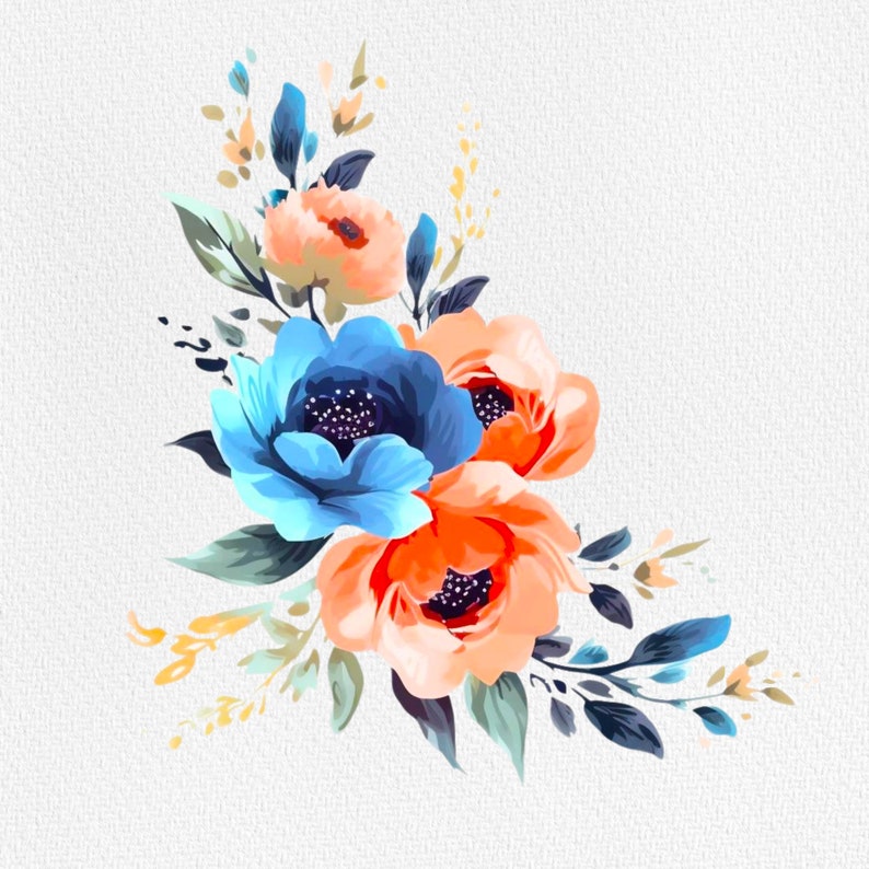 Watercolor Orange Flowers Set PNG, Navy Blue and Orange Flowers Clipart ...