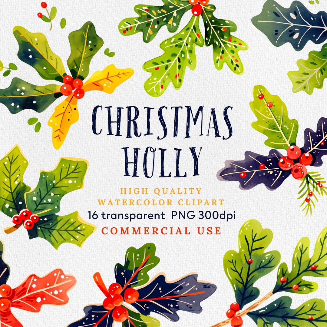 Christmas Holly Watercolor Clipart: Festive Floral PNG (digital ...