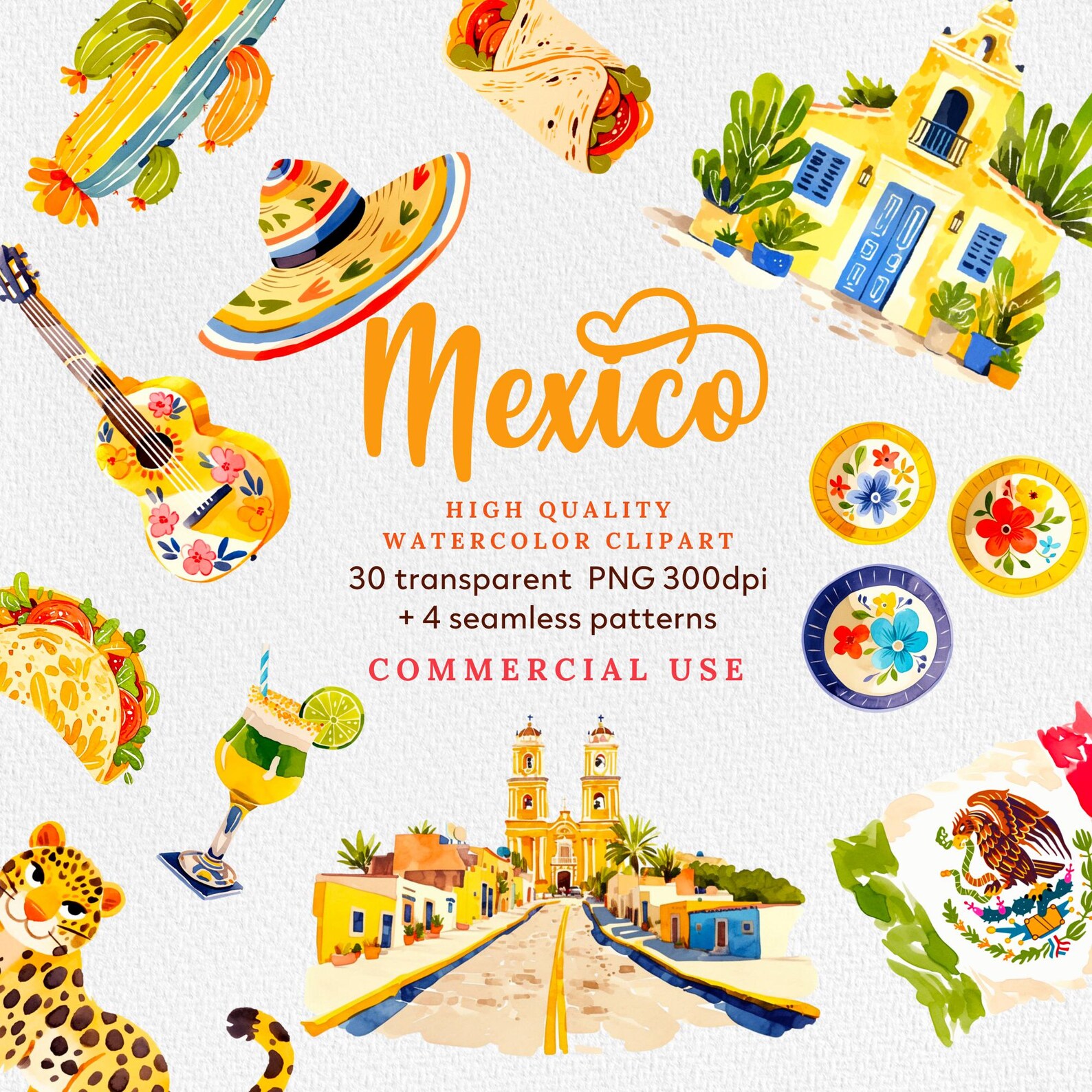 Mexico Watercolor Clipart Set: Landmarks, Travel (PNG, Commercial Use ...