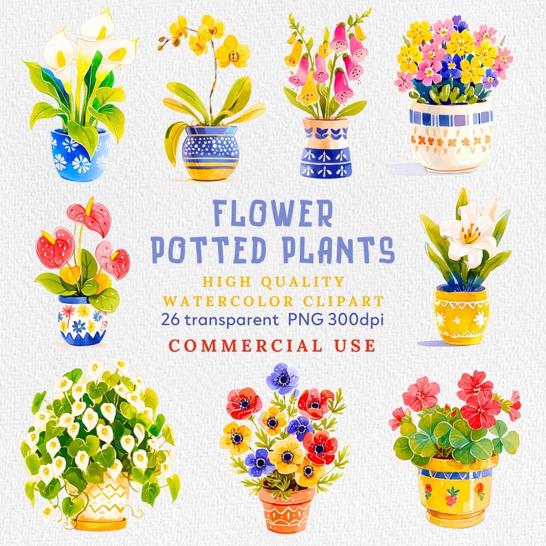 Watercolor Home Plants Clipart, Potted Plants Clipart, Flower Potted ...