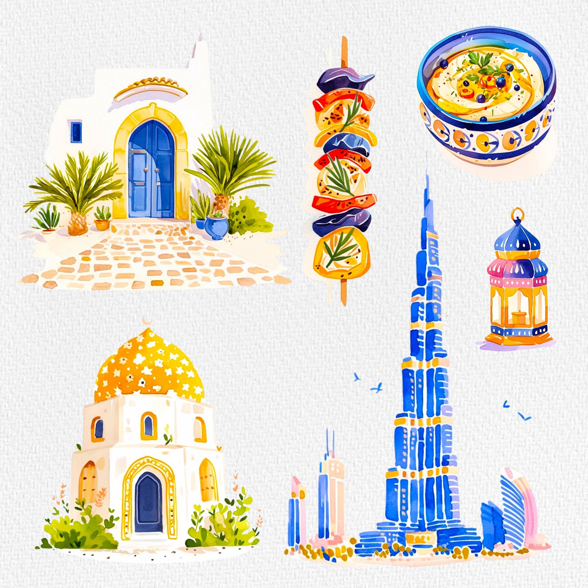 Dubai Landmarks Watercolor Clipart Set: Arabian Emirates Travel (PNG ...