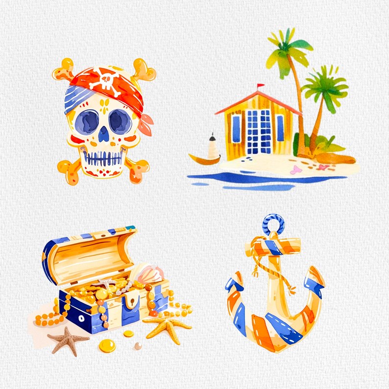 Watercolor Pirates Clipart, Pirate Ship, Treasure Chest, Pirate Party ...