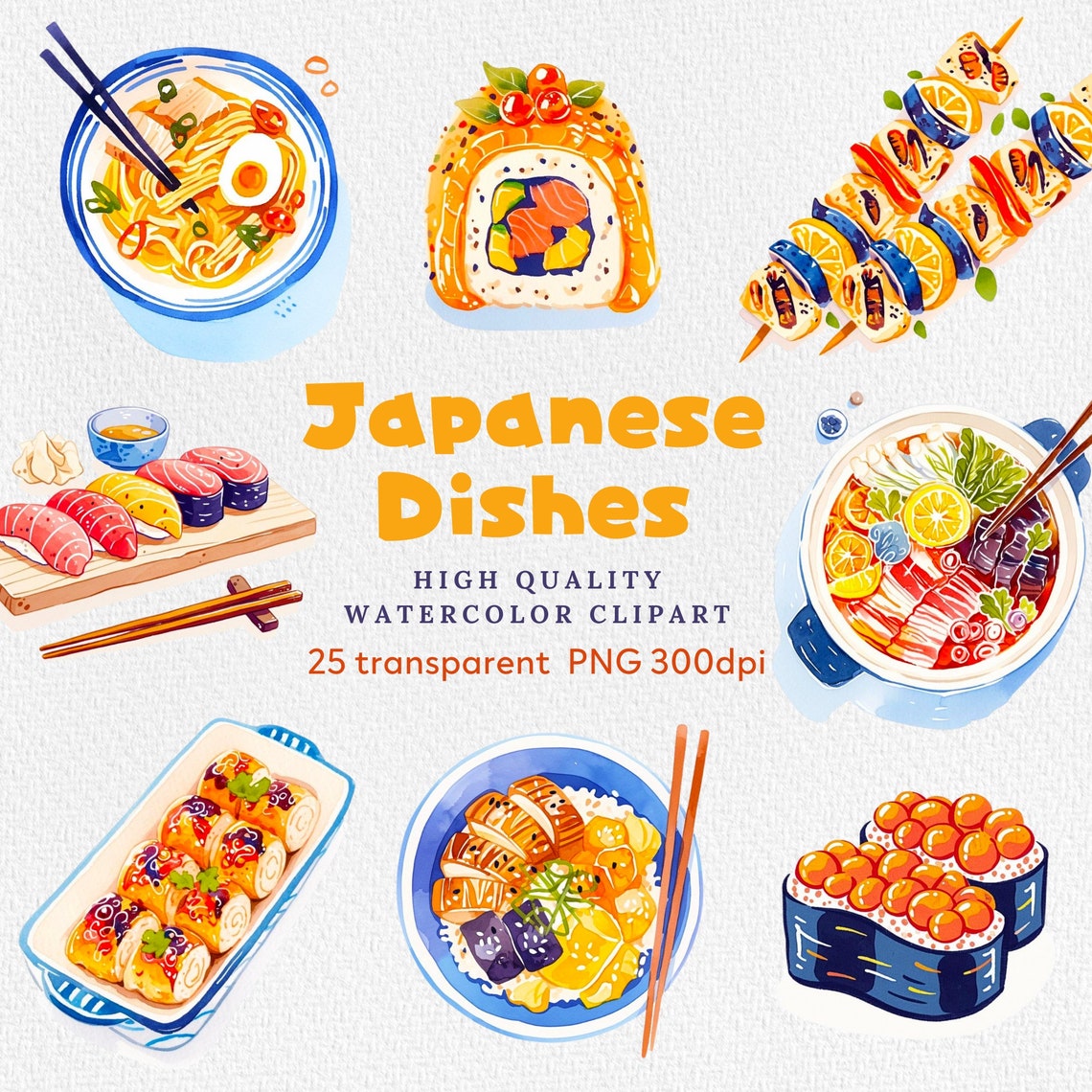 Watercolor Sushi Clipart, Asian Clipart, Fish Clipart, Japanese Clipart ...