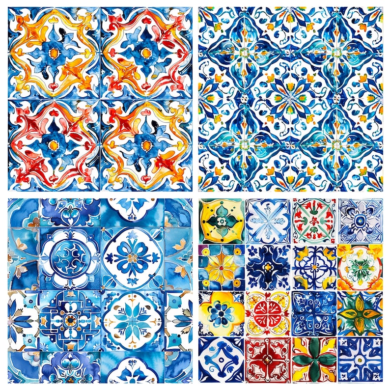 Mediterranean Tile Pattern, Watercolor Seamless Pattern, Portuguese ...