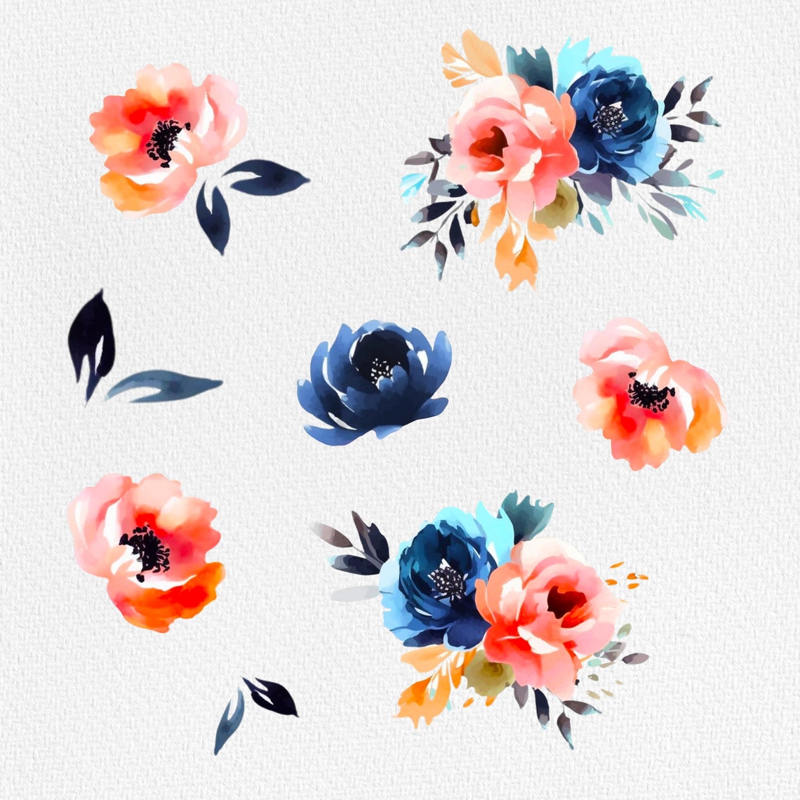 Watercolor Orange Flowers Set PNG, Navy Blue and Orange Flowers Clipart ...