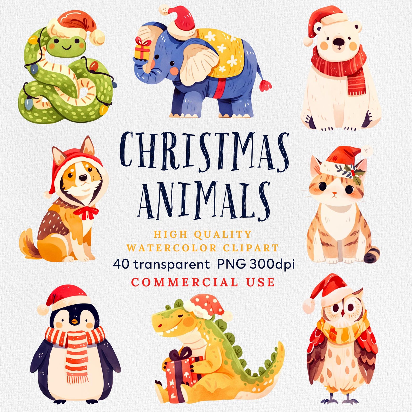 Watercolor Christmas Animals Clipart: 40 PNG Images (digital Download ...