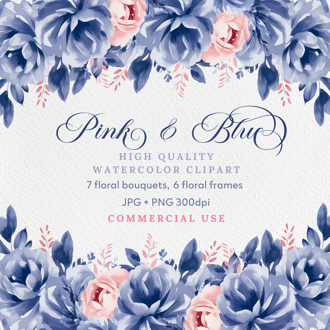 Dusty Blue and Pink Peonies Flowers PNG, Watercolor Floral Clipart ...