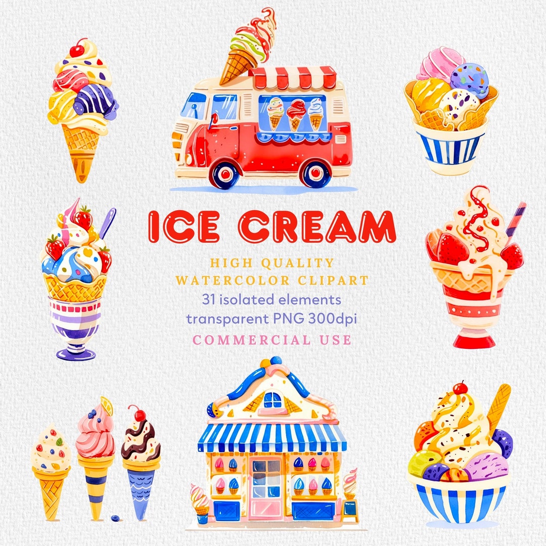 Watercolor Ice Cream Clipart Collection, Instant Download Sweet Treat ...