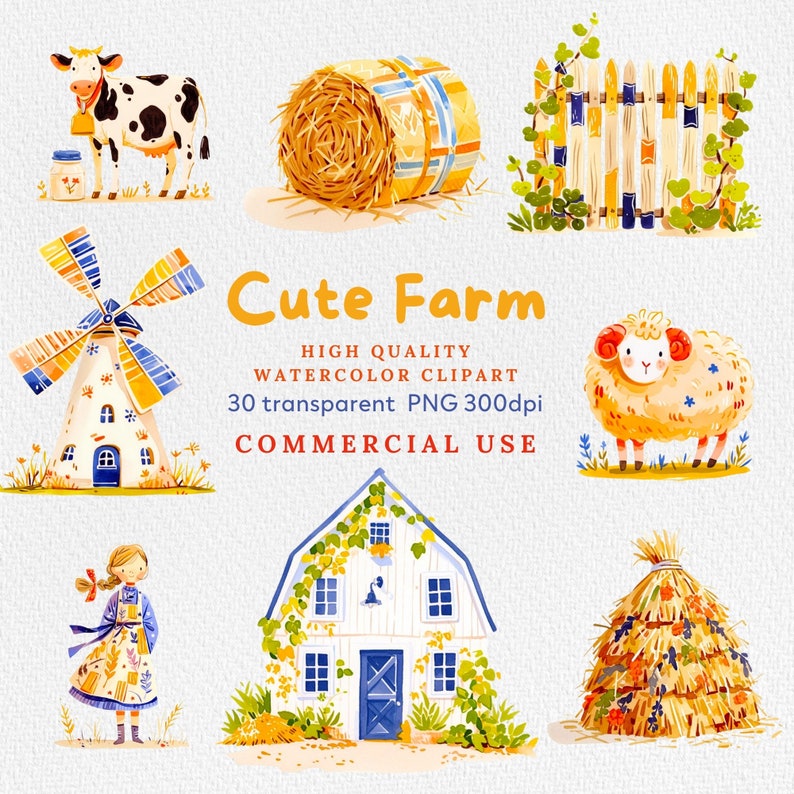 Cute Farm Clipart, Farm Animals Watercolor Digital Clipart, Farm ...