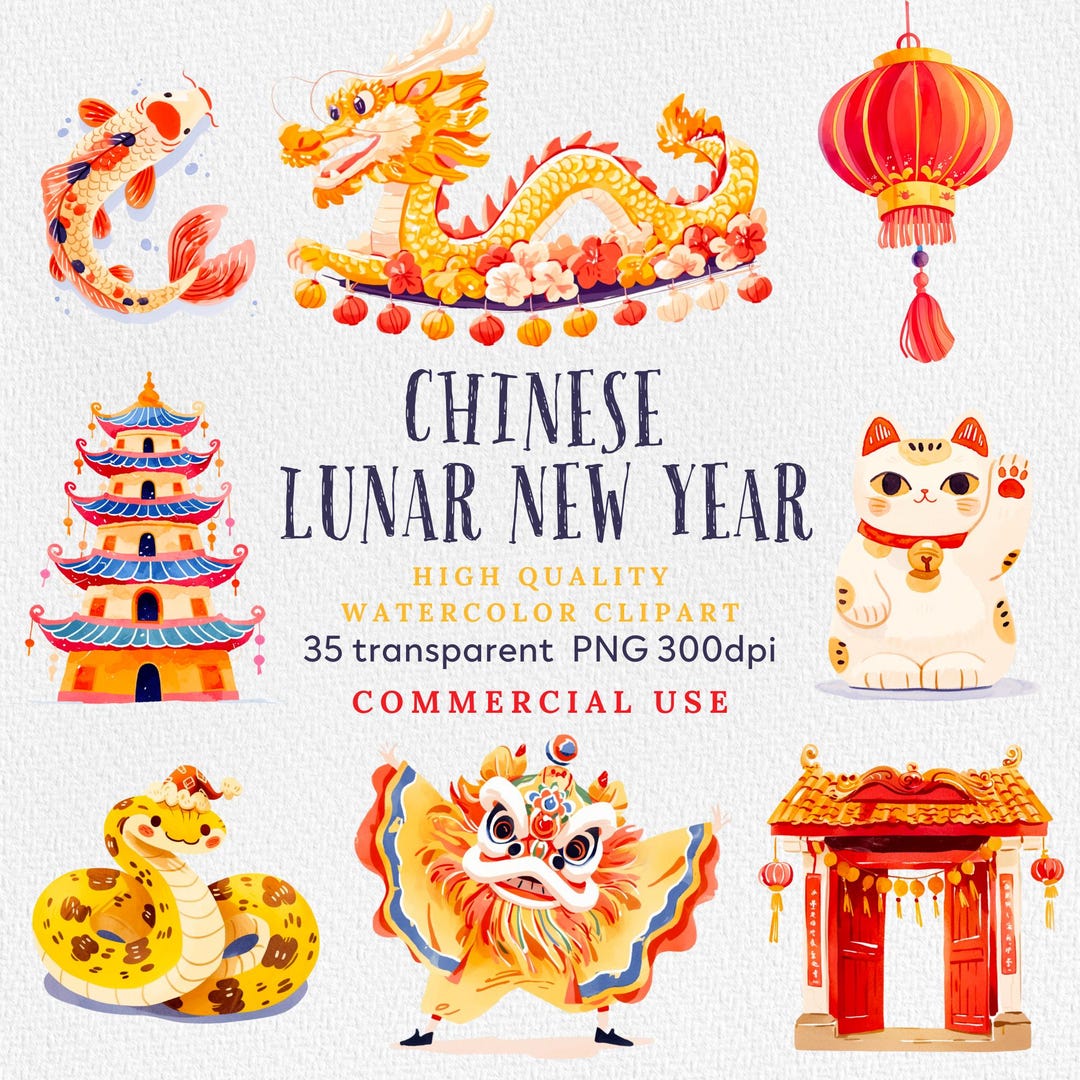 Chinese New Year Clipart: Dragon, Lantern, Lion Dance (PNG, Digital ...