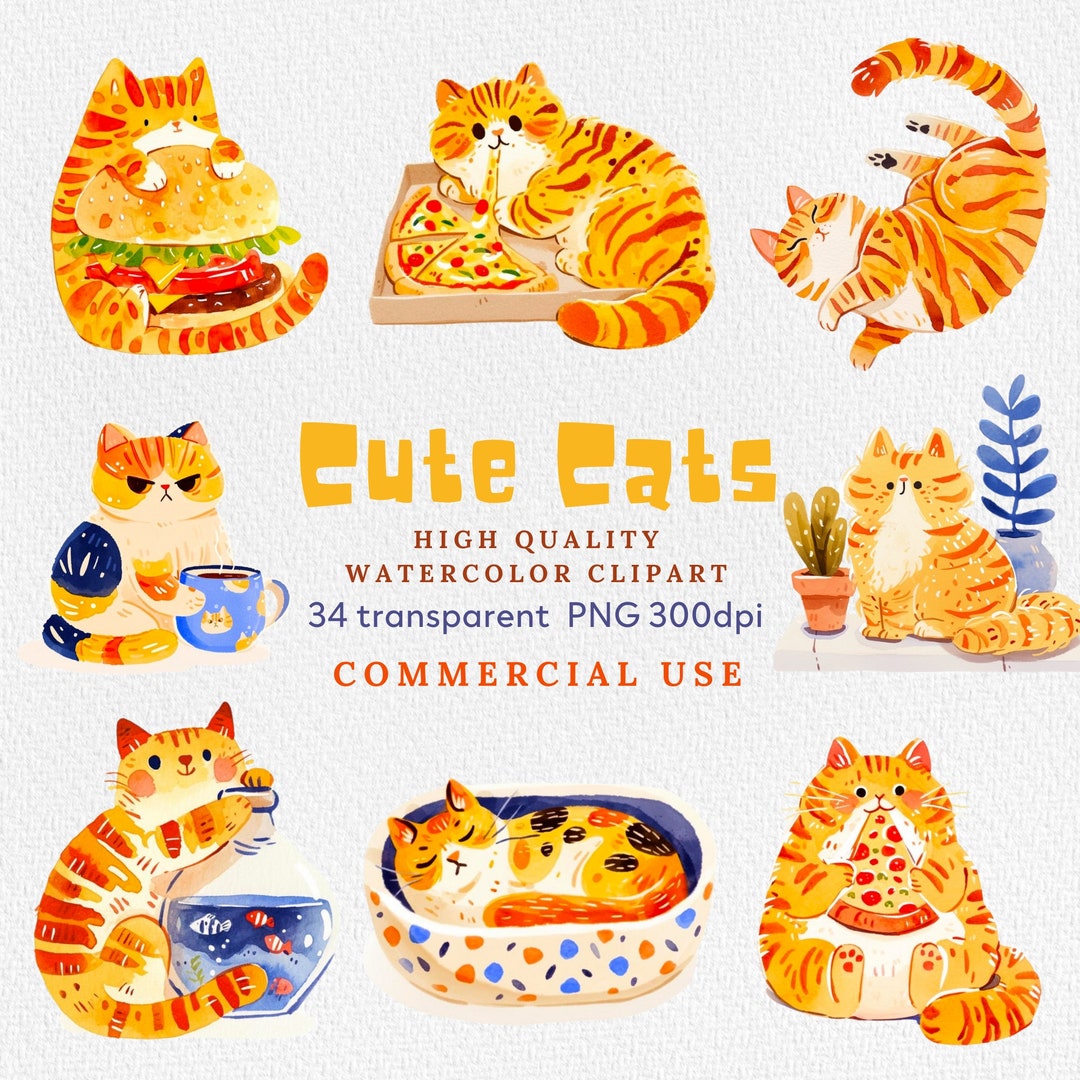 Cute Cats Clipart, Watercolor Cute Cats PNG, Cats Clipart, Funny Cats ...