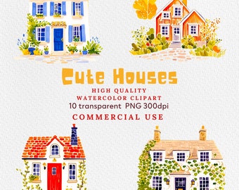 Cute Houses Clipart, Watercolor Building Illustration, Sweet Home Town ...