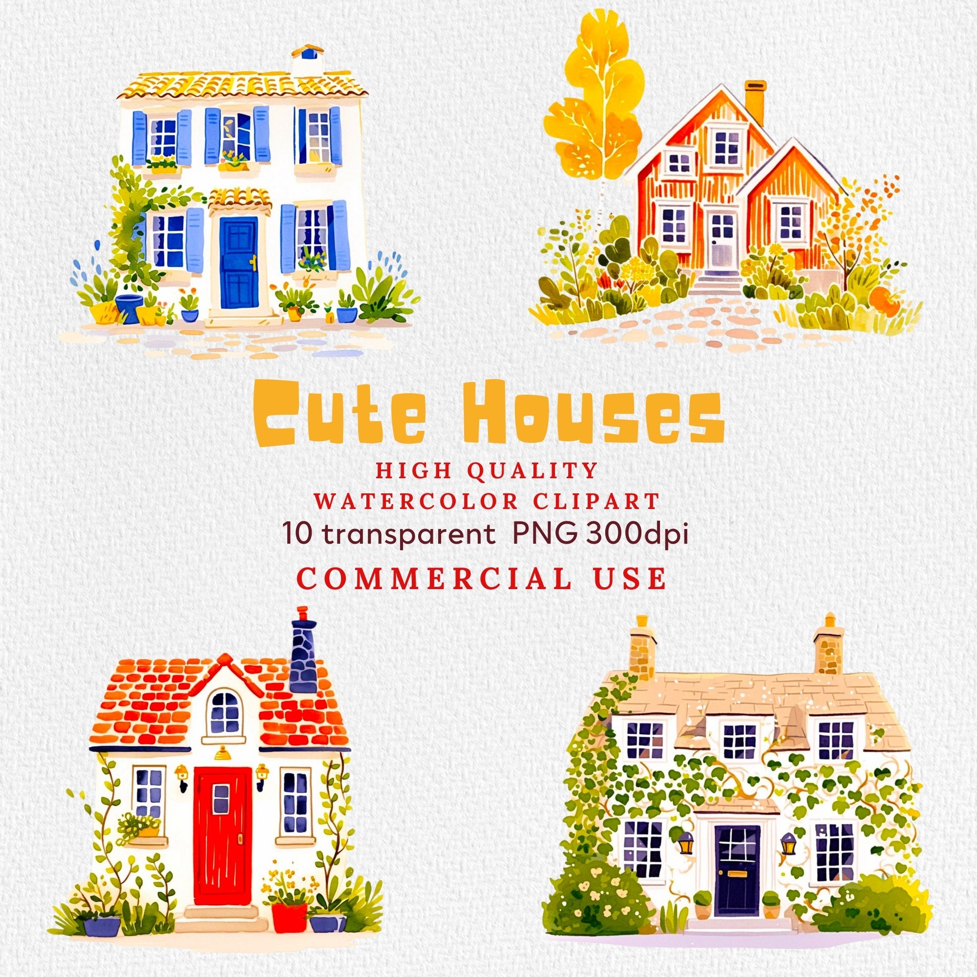Cute Houses Clipart, Watercolor Building Illustration, Sweet Home Town ...
