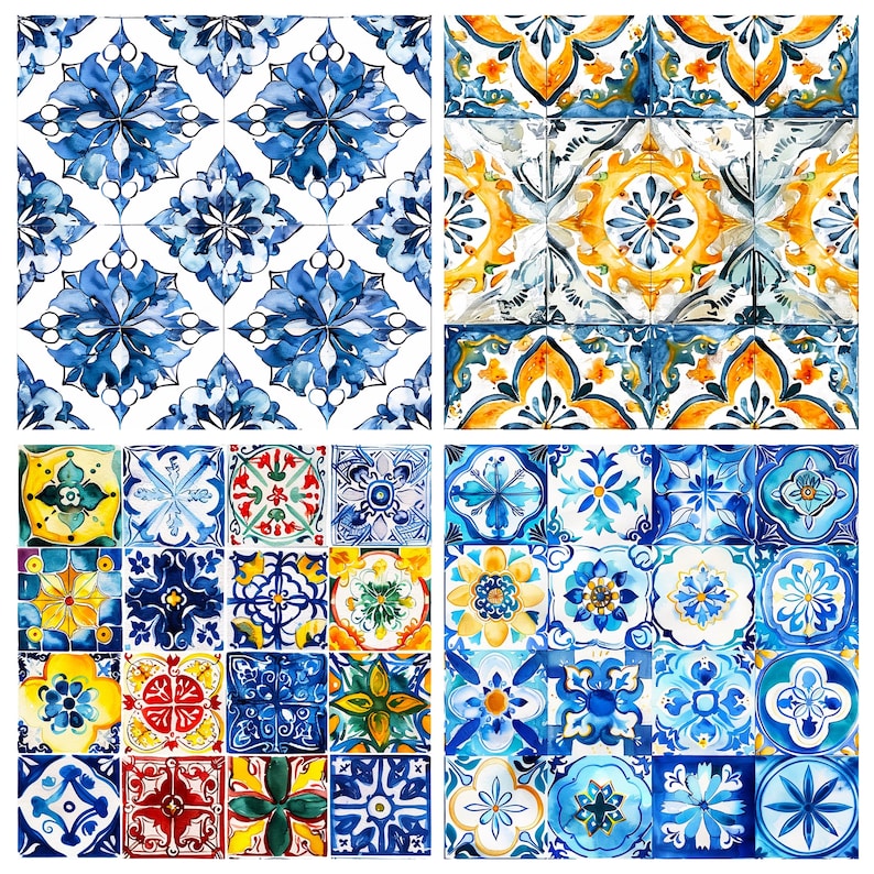 Mediterranean Tile Pattern, Watercolor Seamless Pattern, Portuguese ...