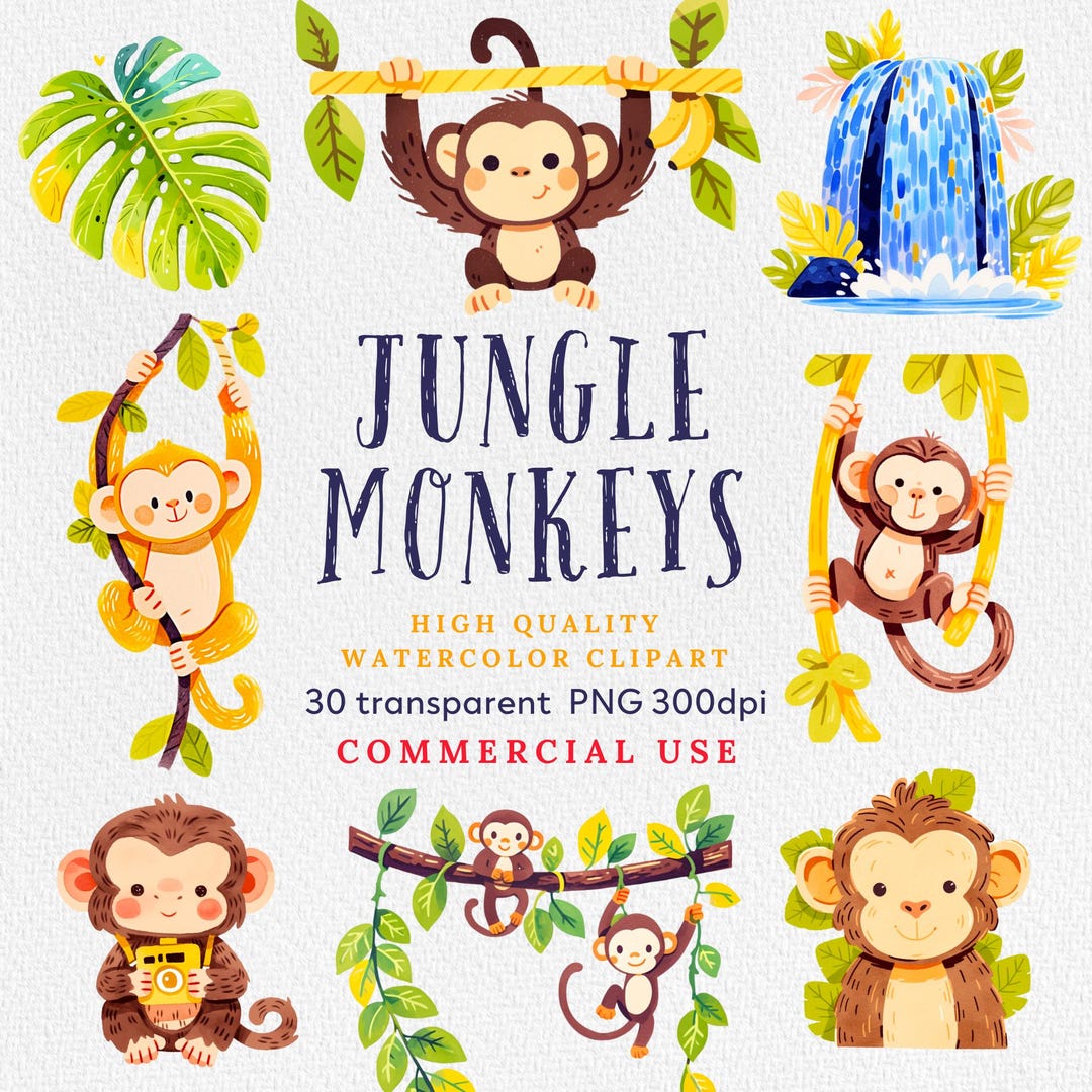 Monkey Clipart, Cute Monkey PNG, Watercolor Monkey, Safari Animal ...