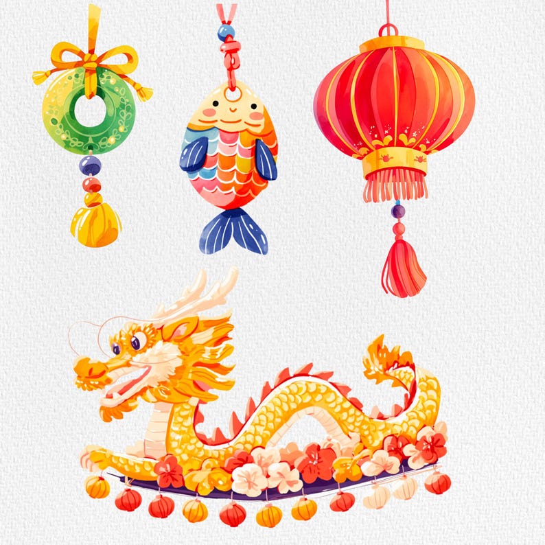 Chinese New Year Clipart: Dragon, Lantern, Lion Dance (PNG, Digital ...