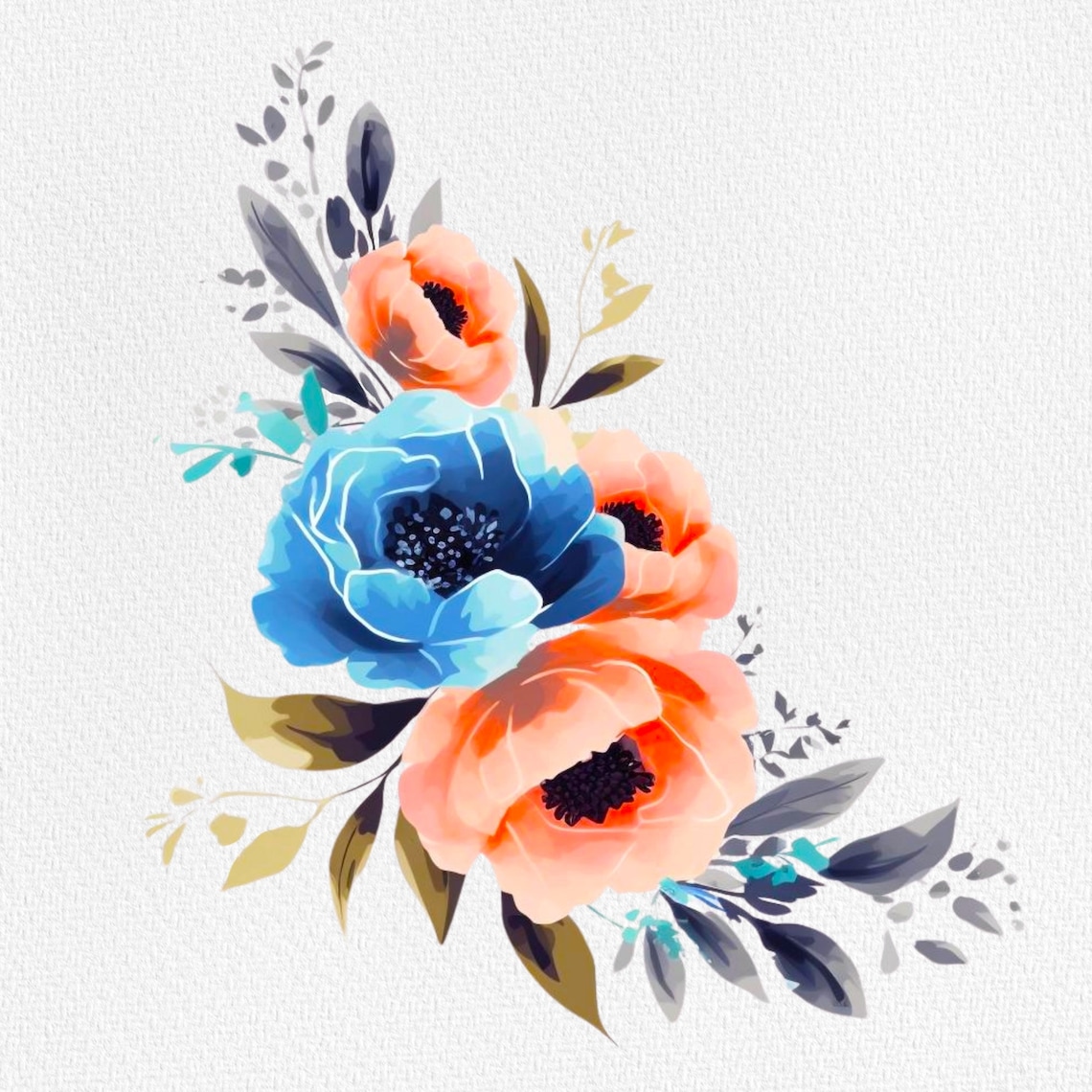 Watercolor Orange Flowers Set PNG, Navy Blue and Orange Flowers Clipart ...
