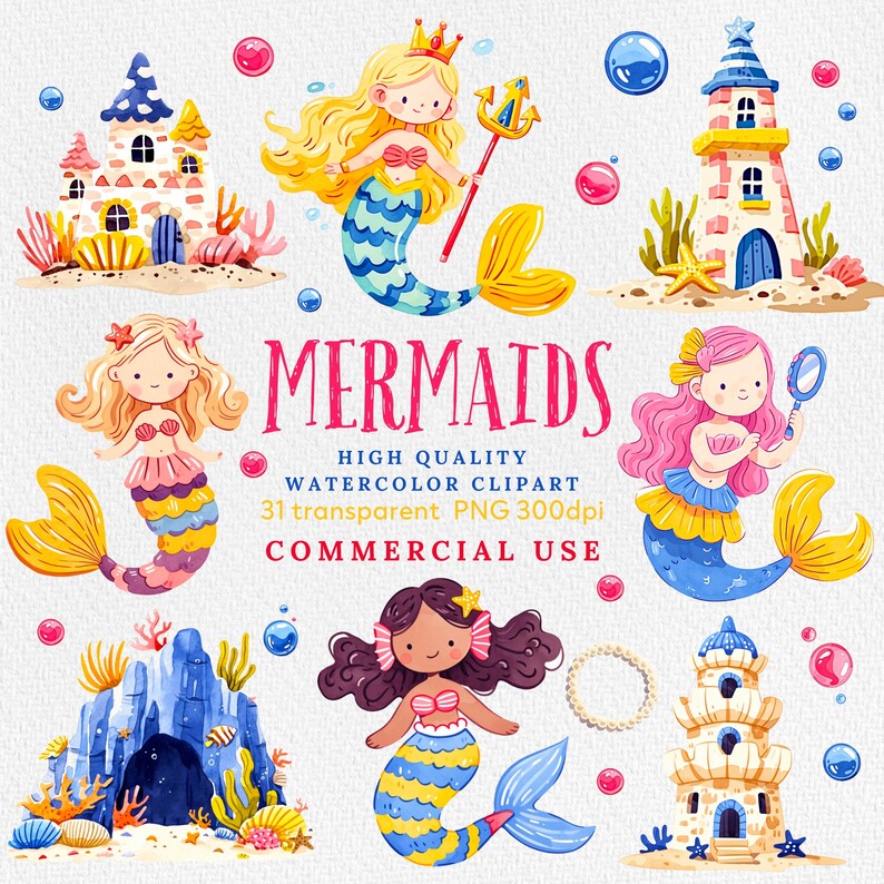 Watercolor Mermaid Clipart, Cute Mermaids, Mermaid Fashion, Printable ...