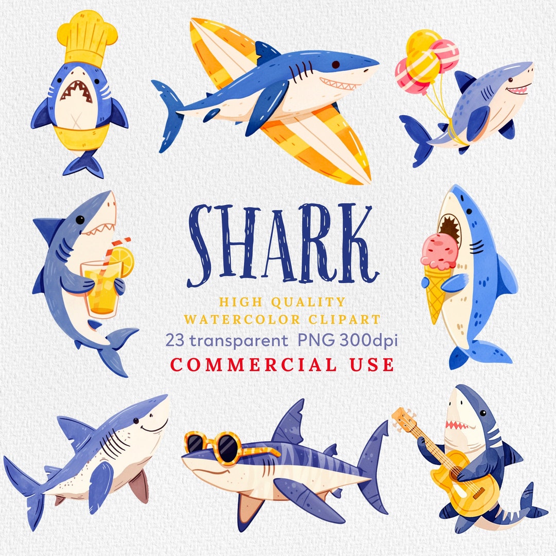 Watercolor Sharks Clipart, Cute Shark Clipart, Watercolor Shark, Shark ...