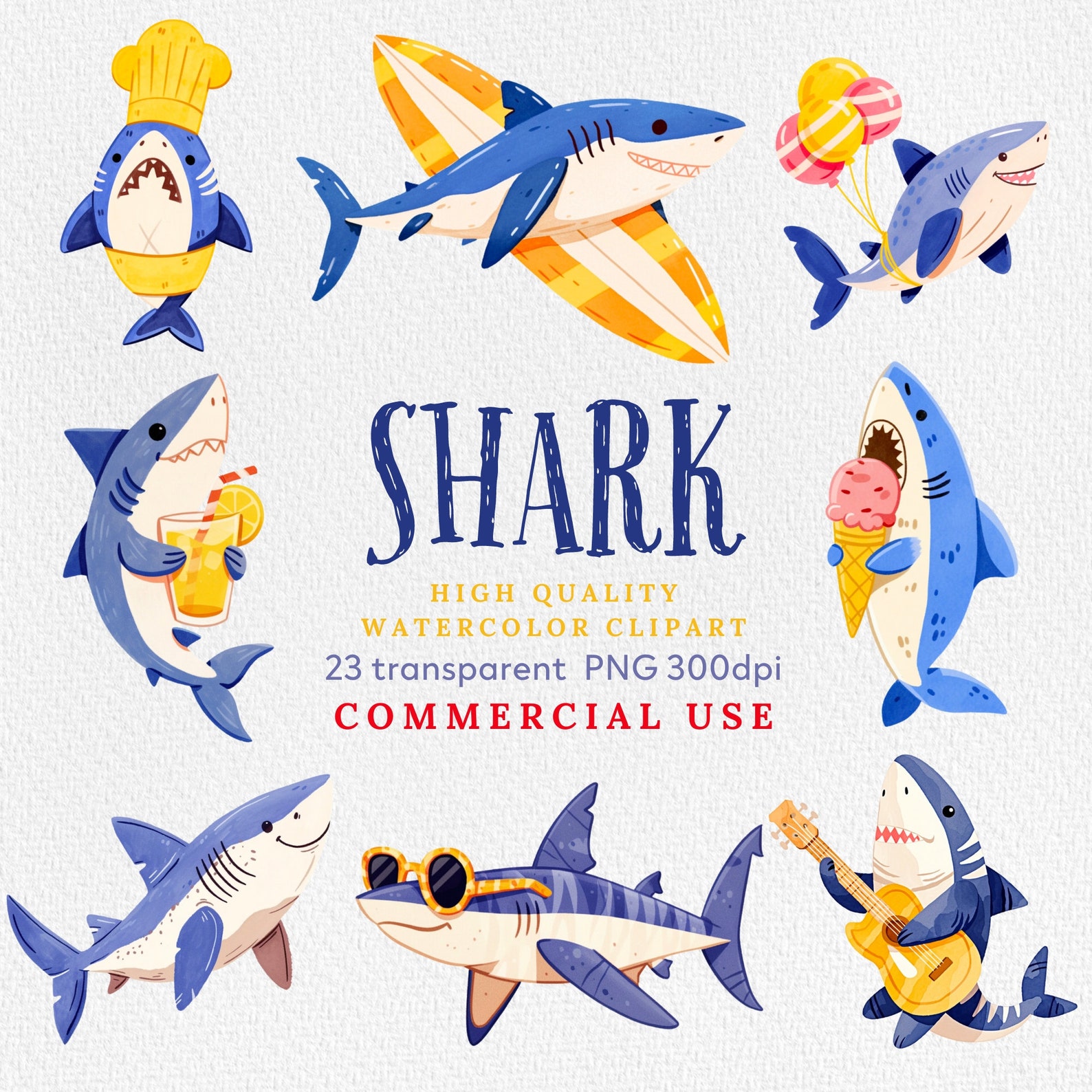 Watercolor Sharks Clipart, Cute Shark Clipart, Watercolor Shark, Shark ...