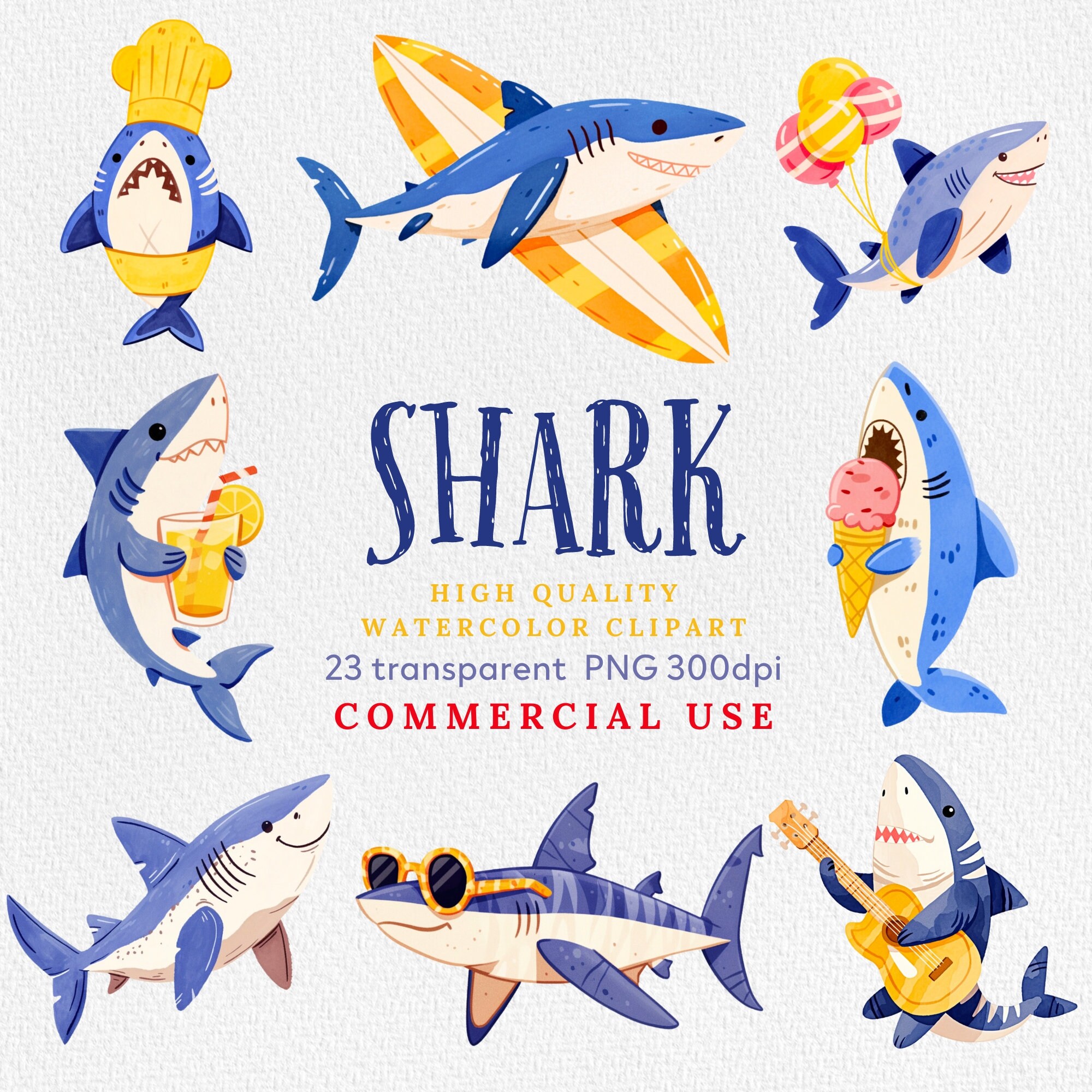 Watercolor Sharks Clipart, Cute Shark Clipart, Watercolor Shark, Shark ...