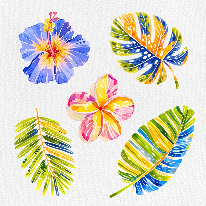 Tropical Leaves Clipart, Watercolor Tropical Leaves and Flowers, Palm ...