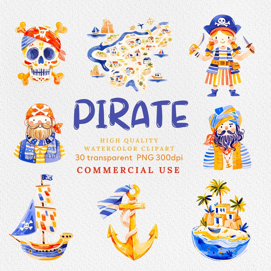 Watercolor Pirates Clipart, Pirate Ship, Treasure Chest, Pirate Party ...