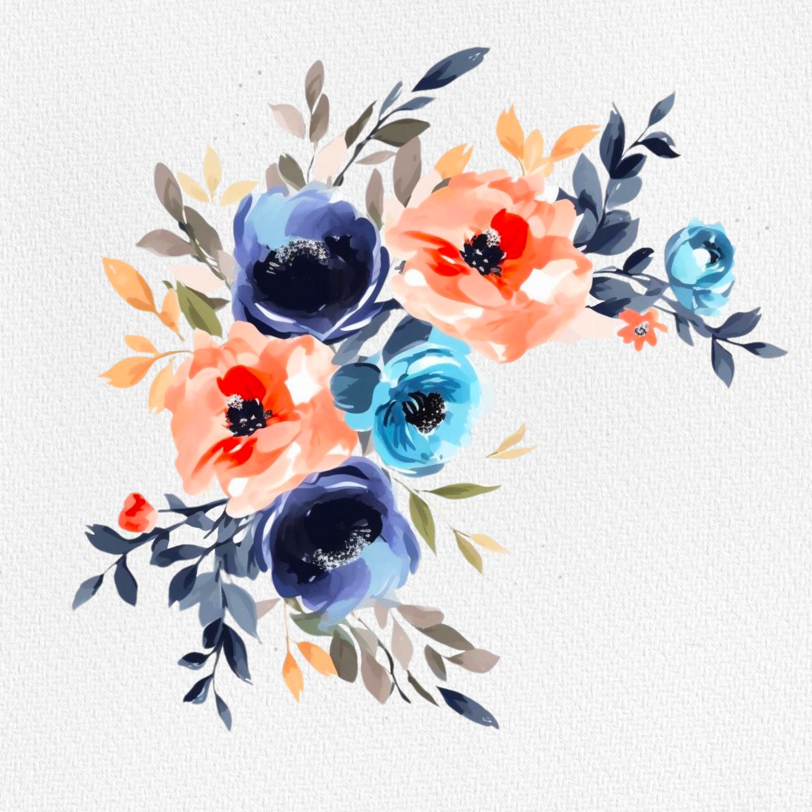 Watercolor Orange Flowers Set PNG, Navy Blue and Orange Flowers Clipart ...