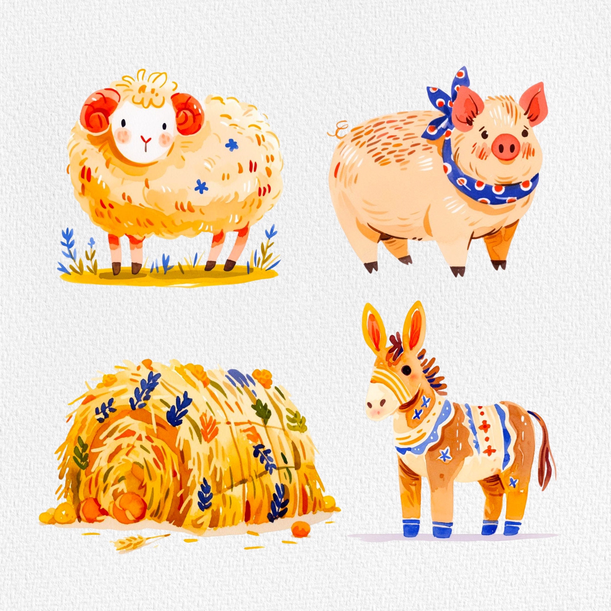 Cute Farm Clipart, Farm Animals Watercolor Digital Clipart, Farm ...